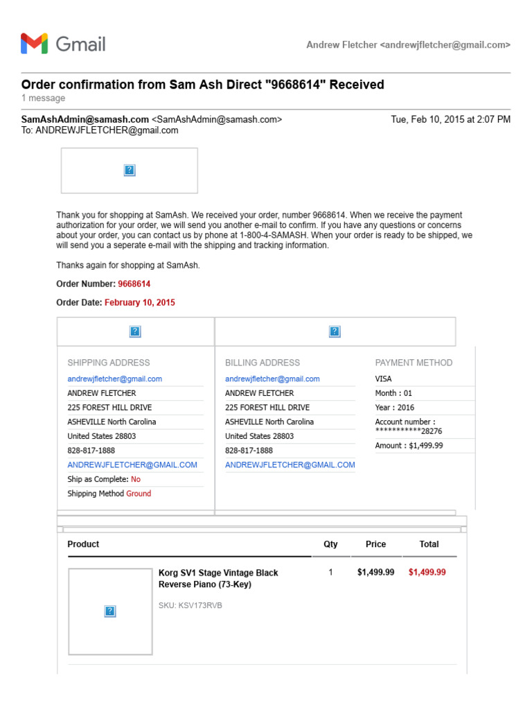 Order Confirmation for Korg SV1 Piano | PDF