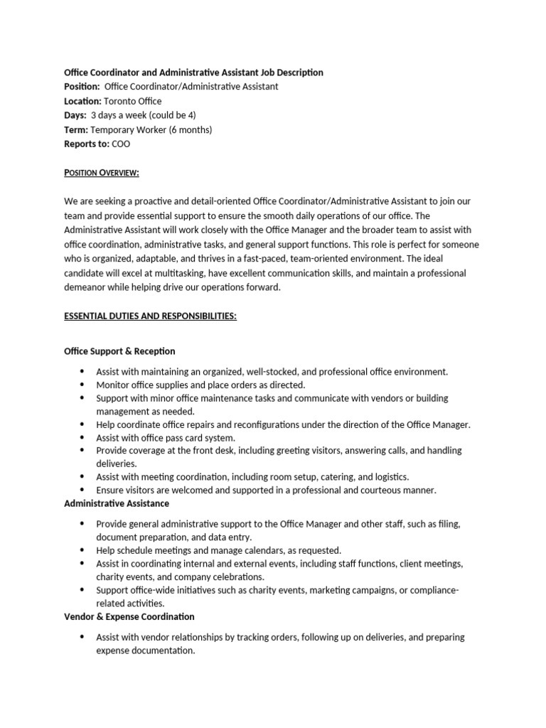 Office Coordinator and Administrative Assistant Job Description | PDF ...