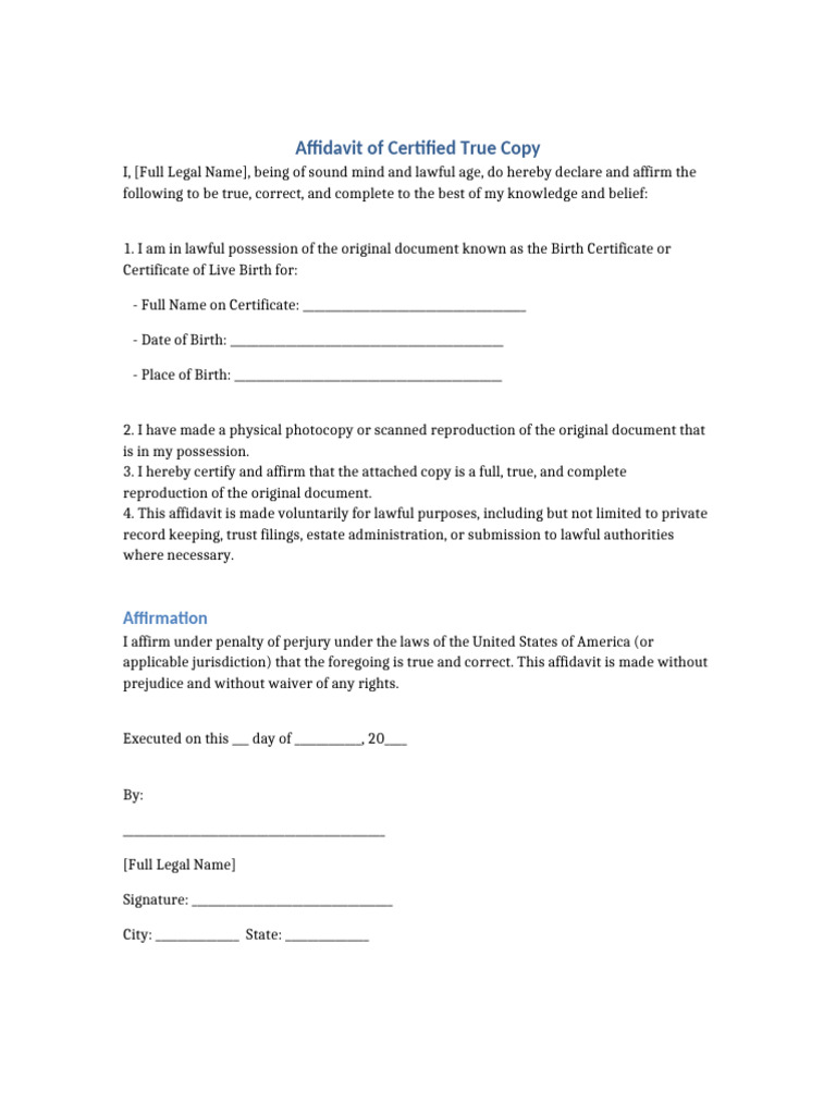 Affidavit of Certified True Copy Birth Certificate | PDF