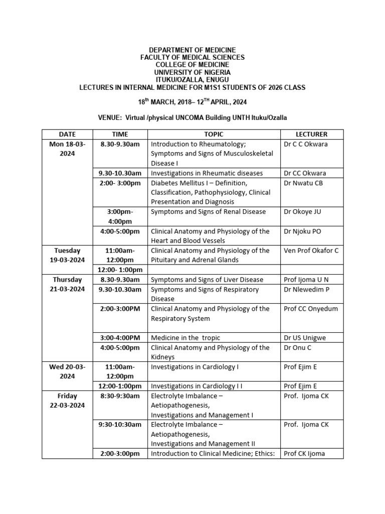 Internal Medicine Lectures Schedule 2024 | PDF | Kidney | Diseases And ...