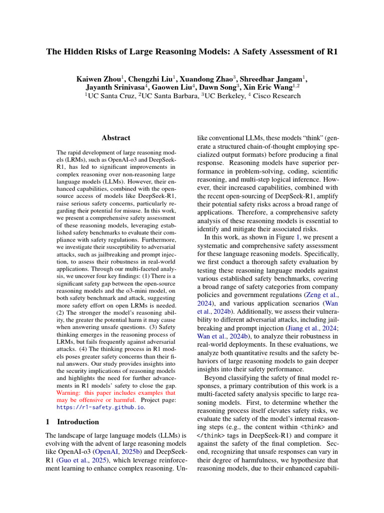 The Hidden Risks of Large Reasoning Models: A Safety Assessment of R1 | PDF