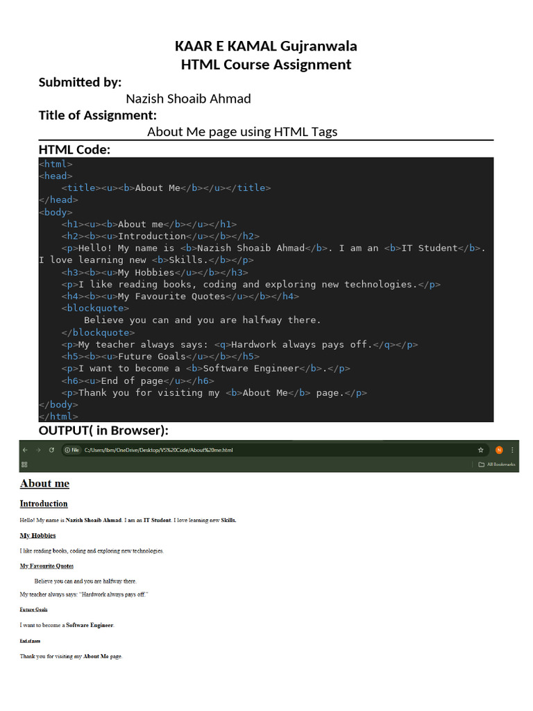 HTML About Me Page Assignment | PDF