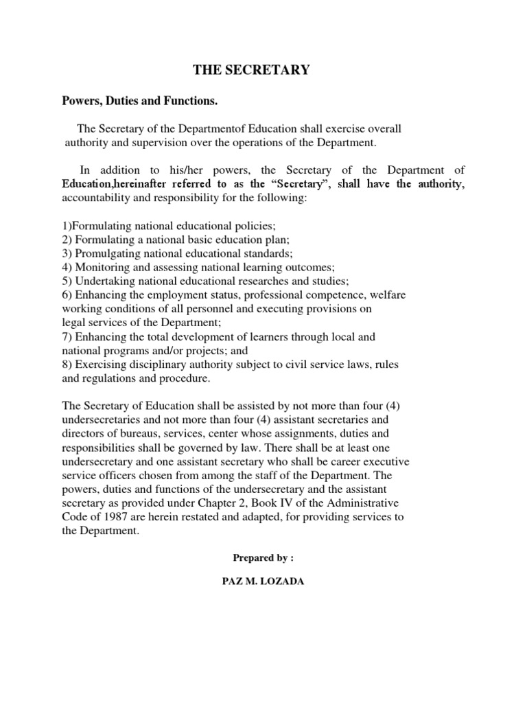 Role and Duties of the Education Secretary | PDF | Secretary ...