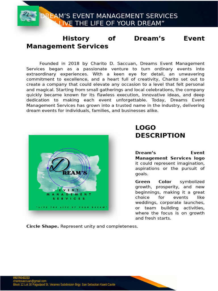 Dream's Event Management Services Overview | PDF | Sauce | Foods
