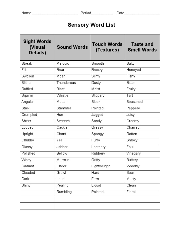 Sensory Word List Further Updated Entry List For 1st June