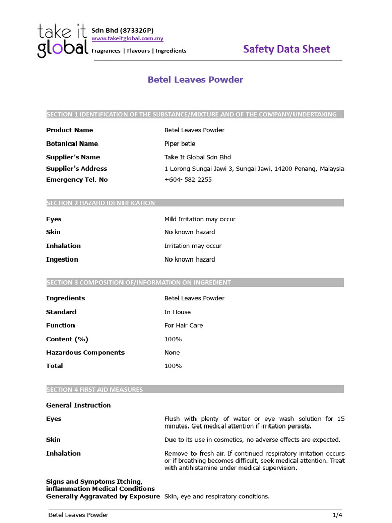 Betel Leaves Powder Safety Data Sheet | PDF | Personal Protective ...