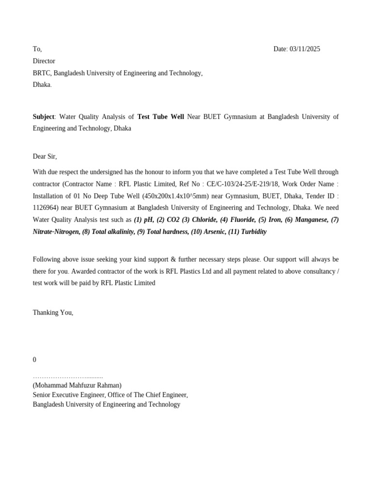 Water Quality Analysis Request for BUET Well | PDF