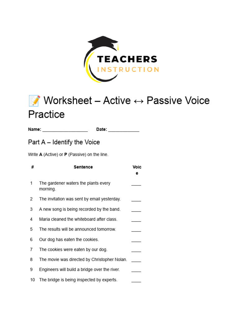 Active and Passive Voice Worksheet | PDF