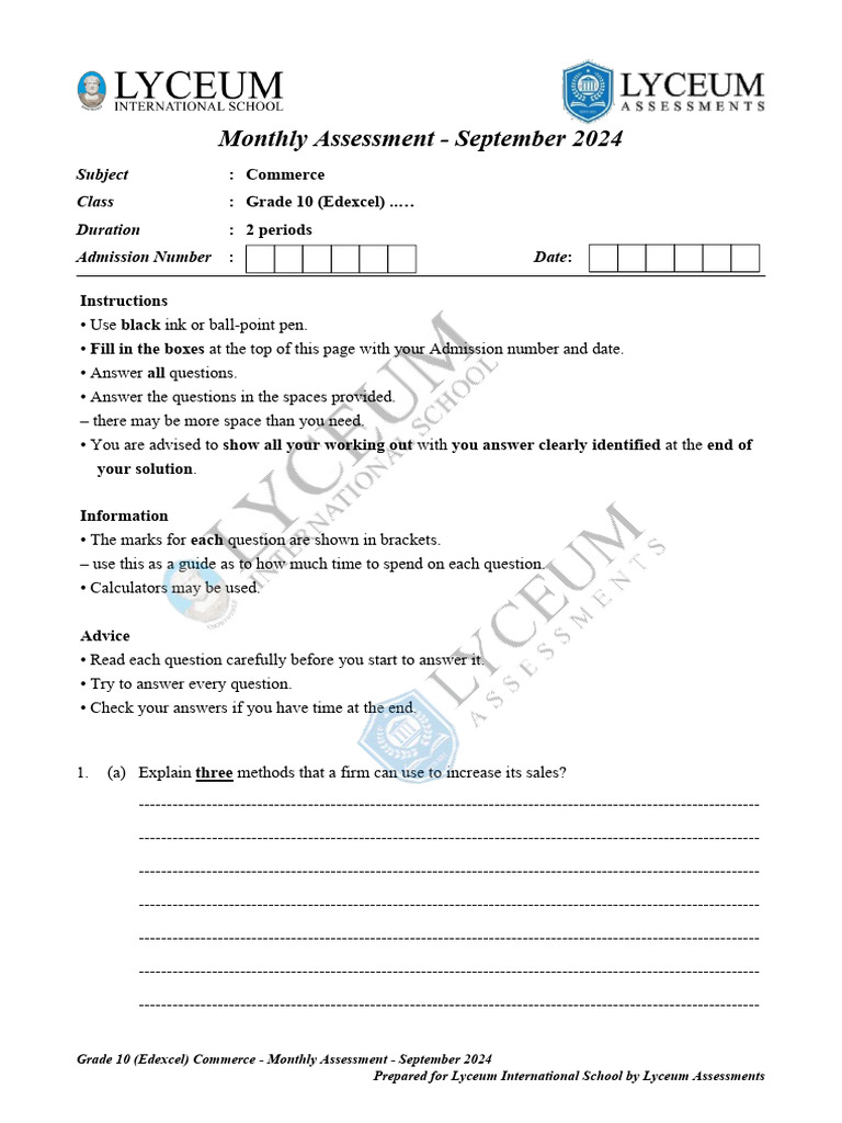 Grade 10 Edexcel Commerce Assessment September 2024 | PDF