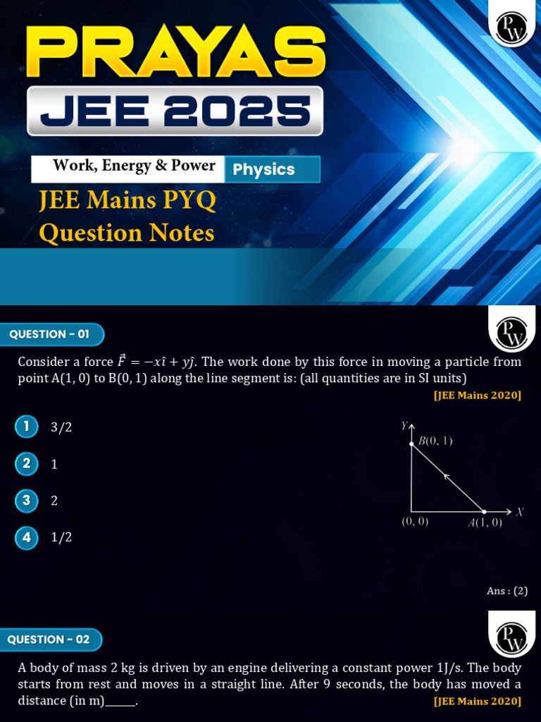 Work, Energy & Power JEE Mains PYQ Question Notes Prayas JEE 2025 | PDF ...