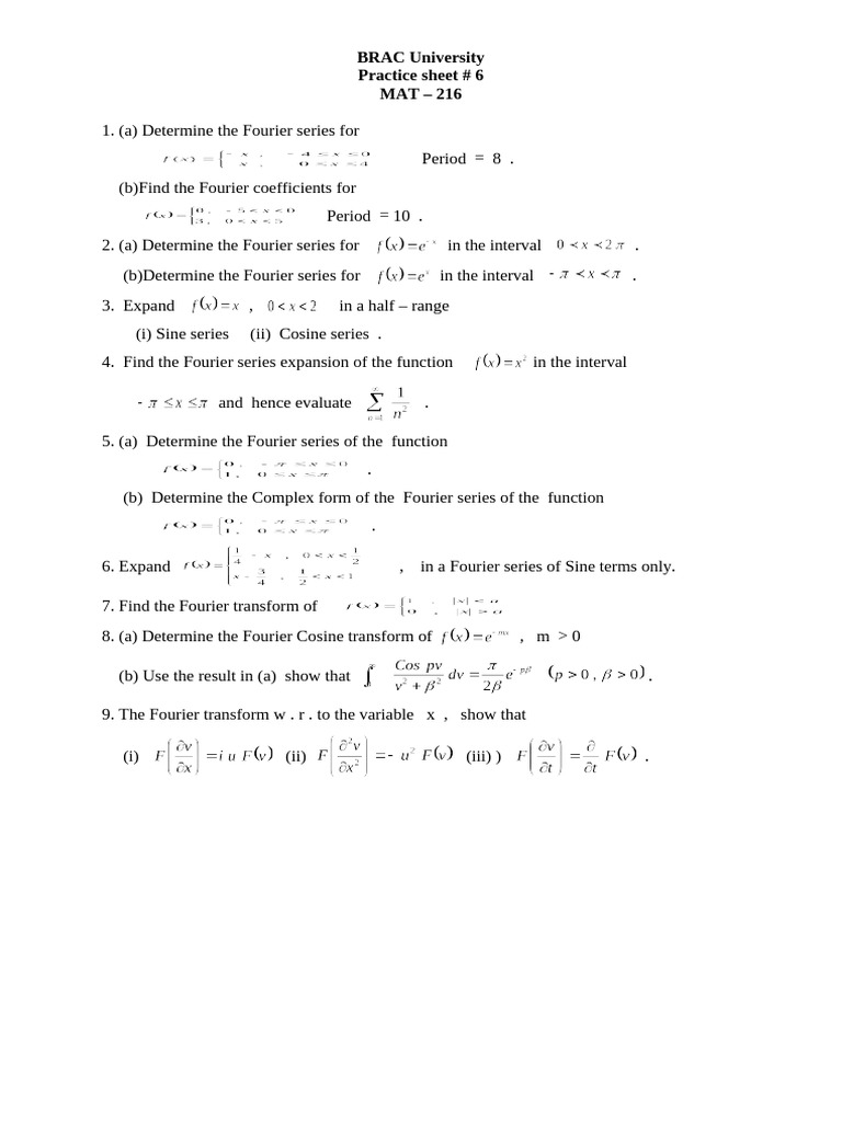 Fourier Series and Transforms Practice Sheet | PDF