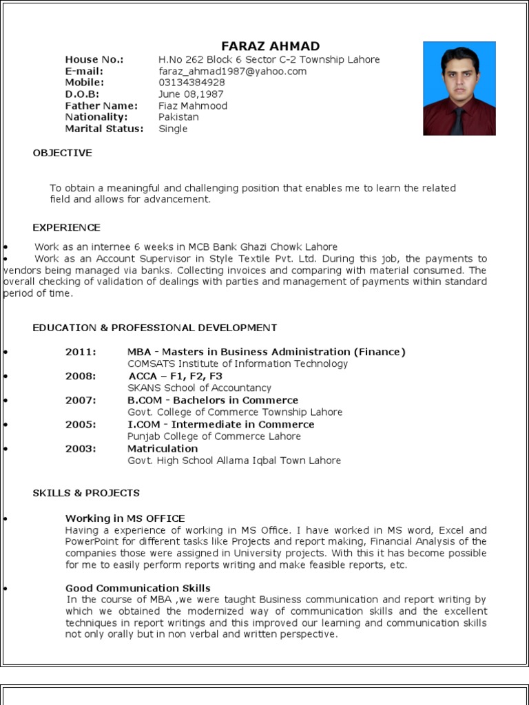 CV Faraz | PDF | Master Of Business Administration | Lahore
