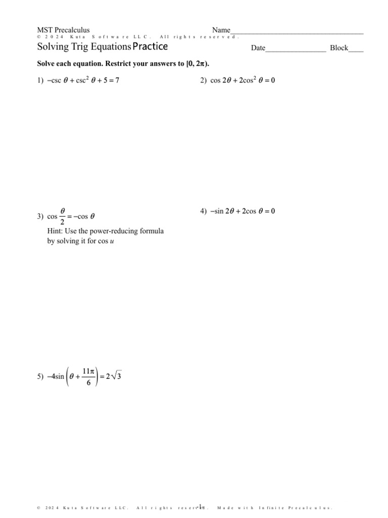 Optional Solving Trig Equations Practice | PDF
