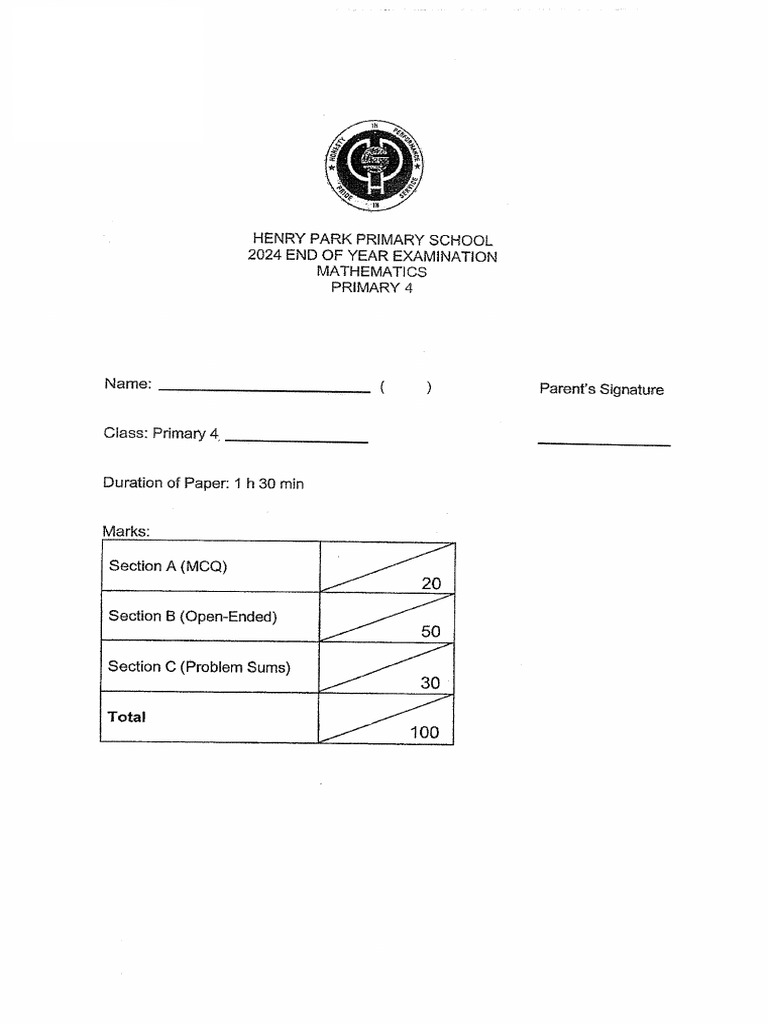2024-P4-Maths-End of Year Exam-Henry Park | PDF