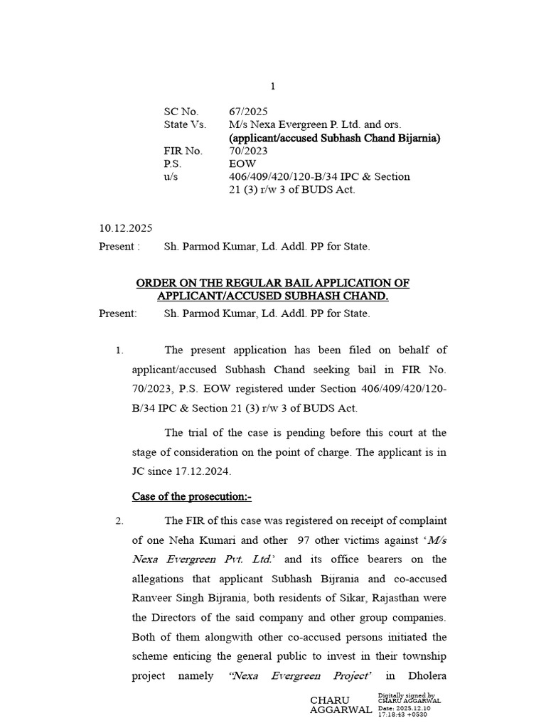 Bail Application Ruling: Subhash Chand Case | PDF | Bail | Justice