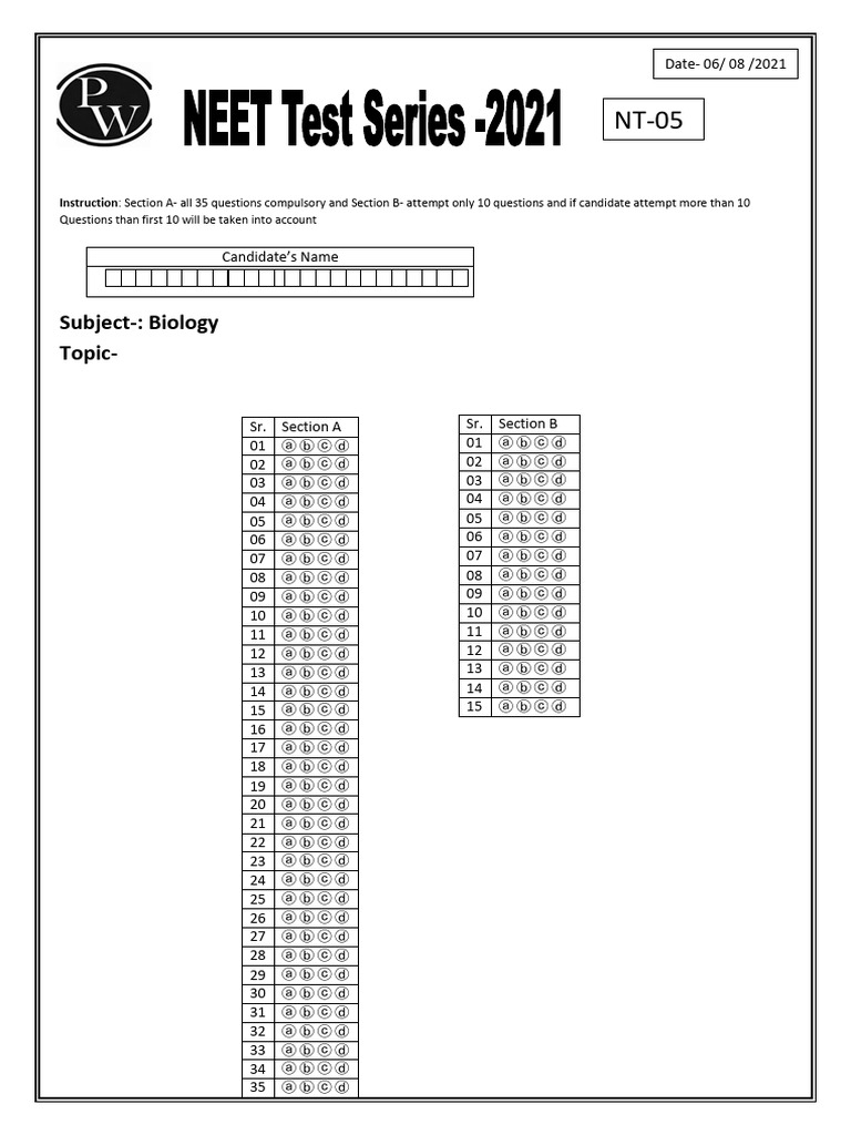 NEET Test Series 05 _ OMR Sheet - 05 | PDF | Student Assessment And ...