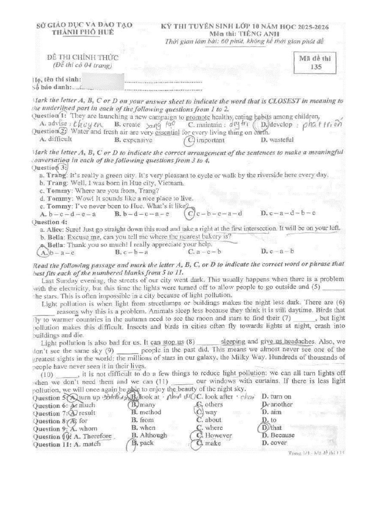 De Thi Tuyen Sinh Lop 10 Mon Tieng Anh Nam 2025 2026 So GDDT TP Hue | PDF