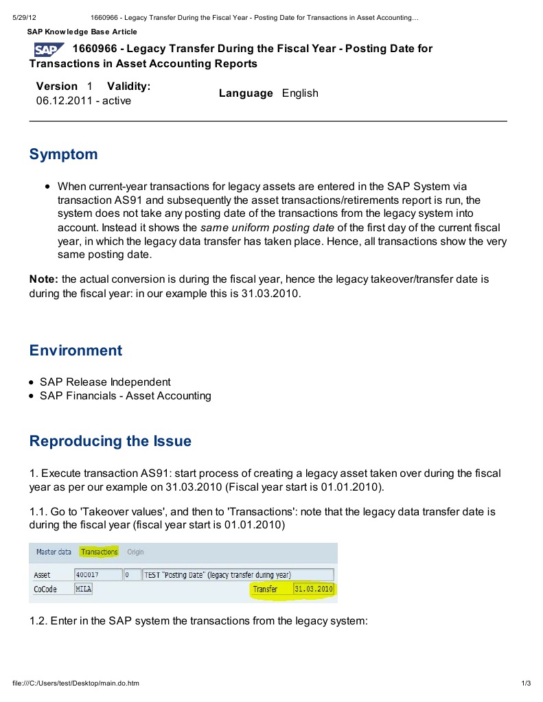 Legacy Transfer During The Fiscal Year Posting Date For Transactions In Asset Accounting