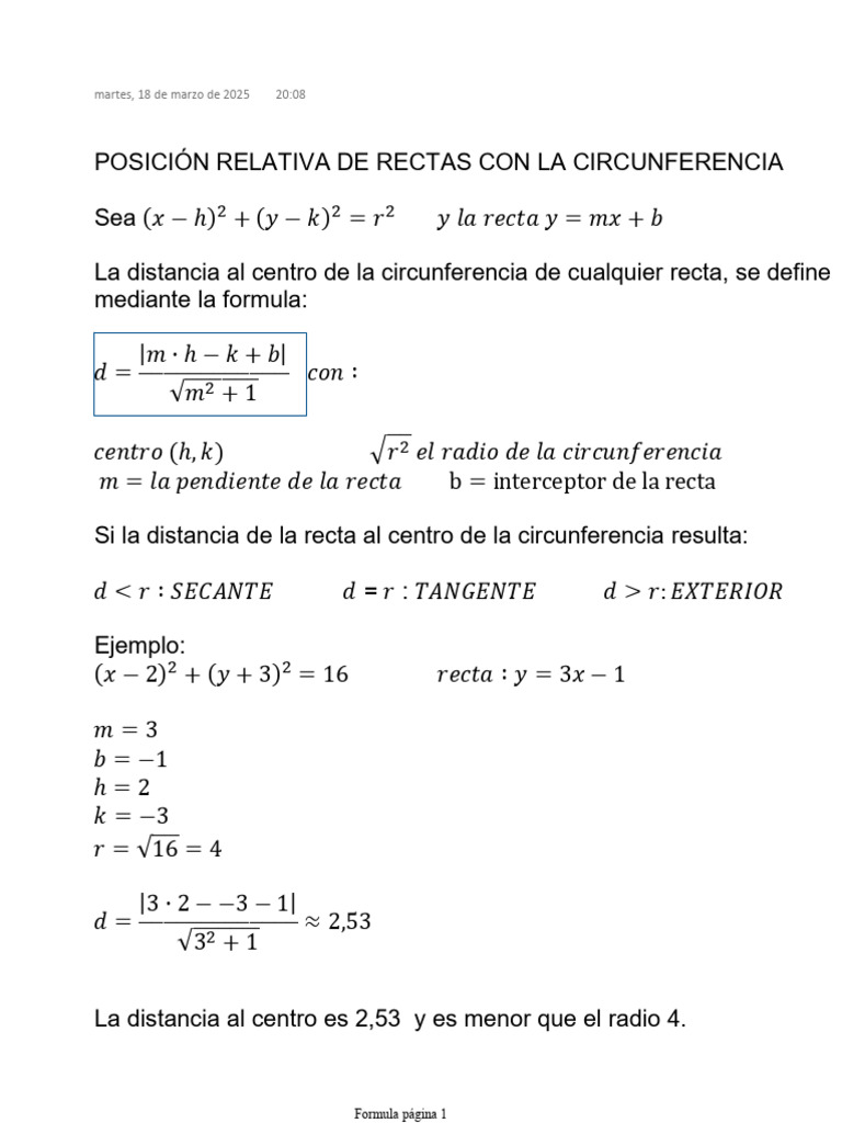 Formula Posición Relativa de Una Recta A Una Circunferencia | PDF
