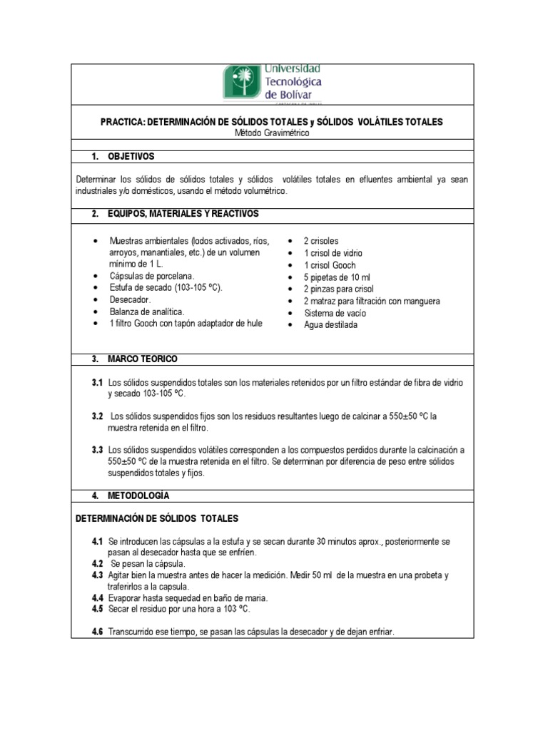 Determinación de Sólidos Totales y Volátiles | PDF | Filtración | Agua