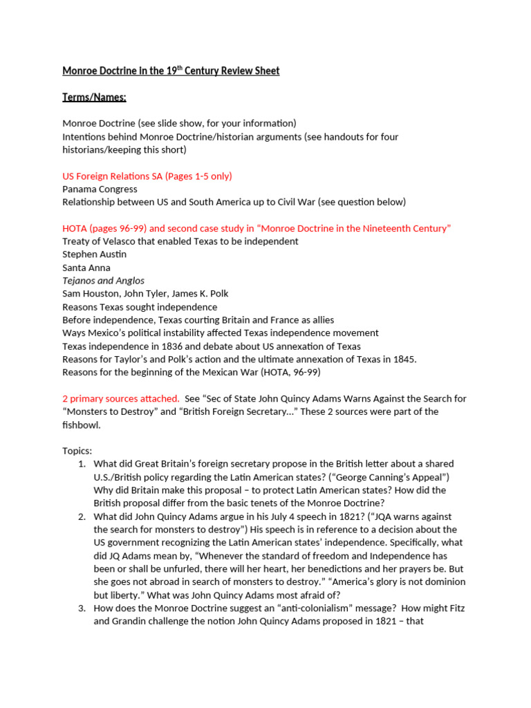 Monroe Doctrine and Texas Independence Analysis | PDF | John Quincy ...
