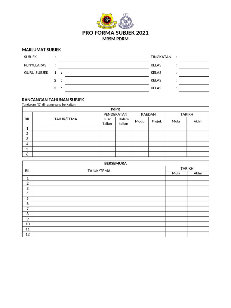 Template Pro Forma Subjek t2 & t3 | PDF