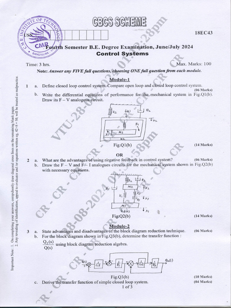 VTU Question Paper of 18EC43 Control Systems Jun-July-2024 | PDF