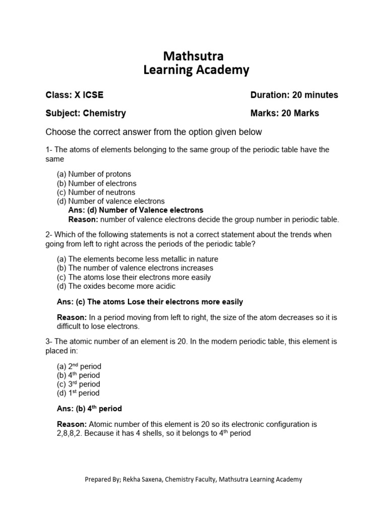 Solution MCQs Test Paper Periodic Table | PDF | Periodic Table | Ion