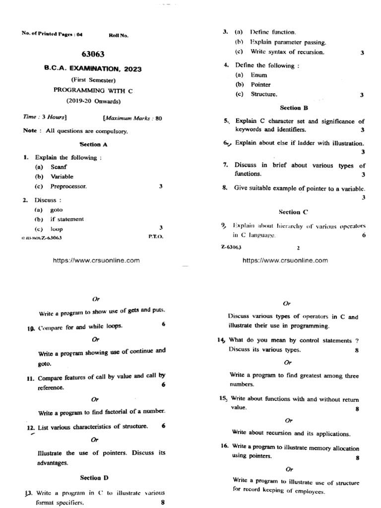 Bca 1 Sem Programming With C 63063 2023 | PDF