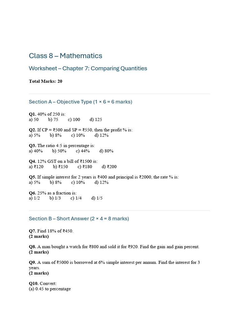 Class 8 Math Worksheet: Comparing Quantities | PDF