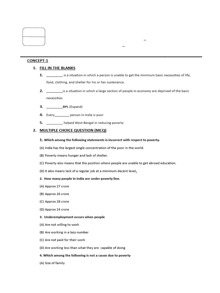 Social Science Poverty Worksheet for Class 9 | PDF | Poverty | Poverty ...
