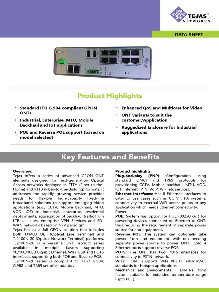 TJ2100N-20 Series GPON ONT Data Sheet | PDF | Fiber To The X | Wi Fi