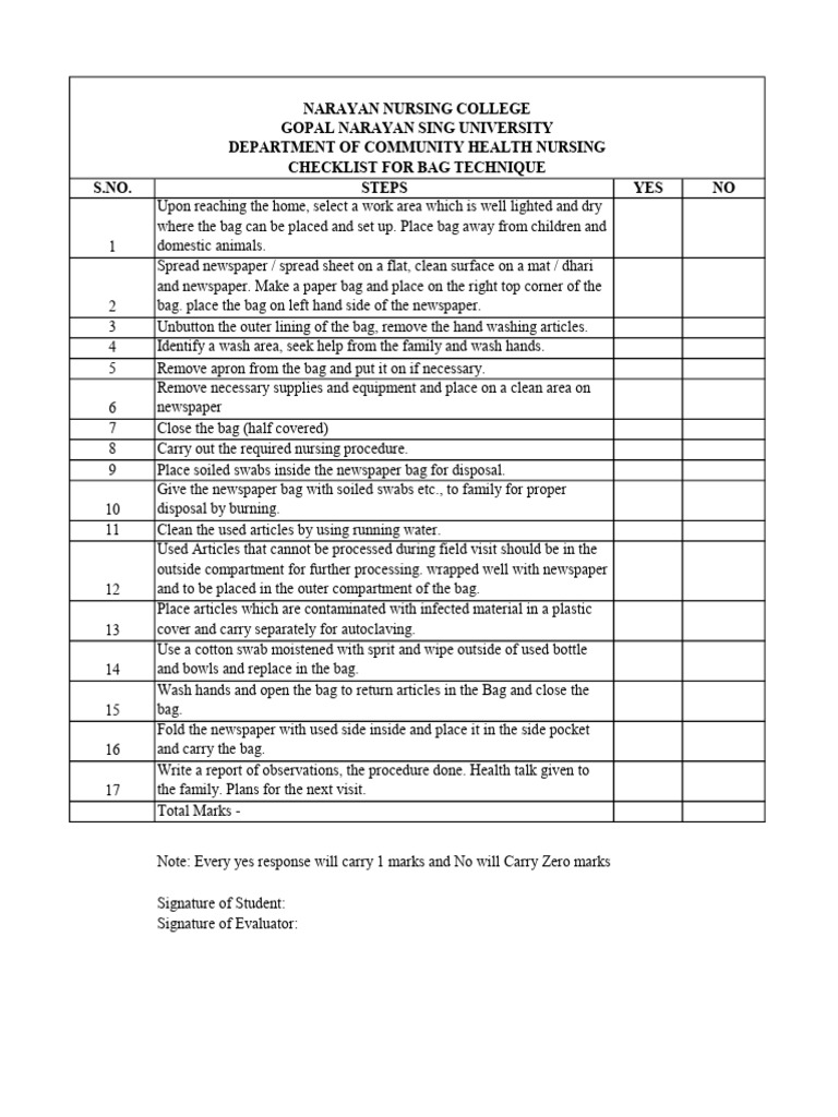 Bag Technique Checklist Mission Unayan | PDF