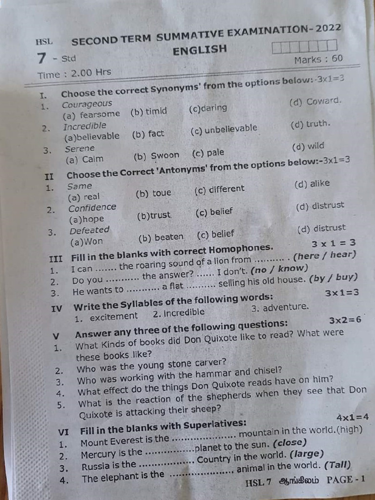 7th English Term 2 Exam 2022 Original Question Paper Salem District PDF ...