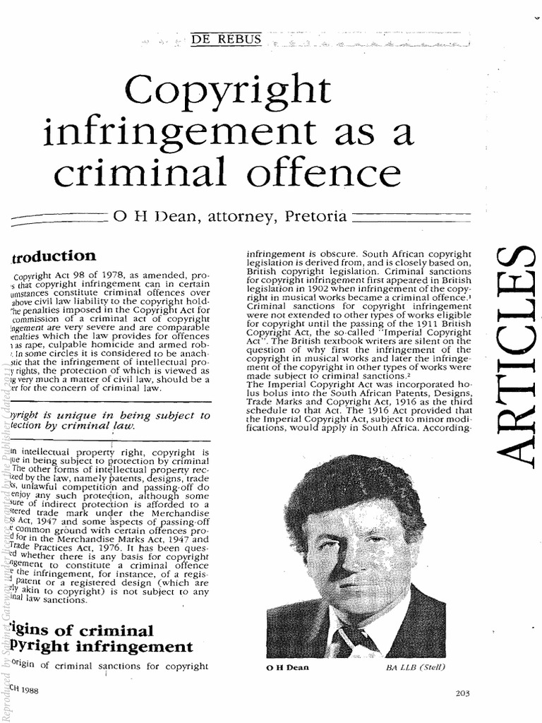 Dean 1988 Copyright Infringement As A Criminal Offence | PDF ...