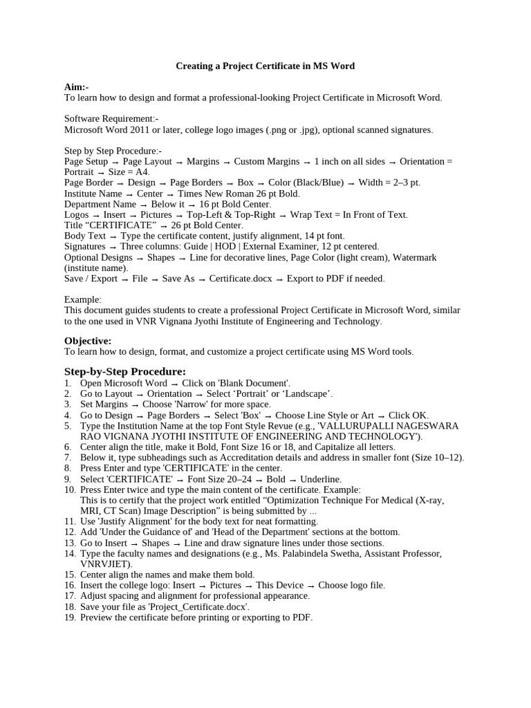 Create a Project Certificate in Word | PDF | Microsoft Word | Text