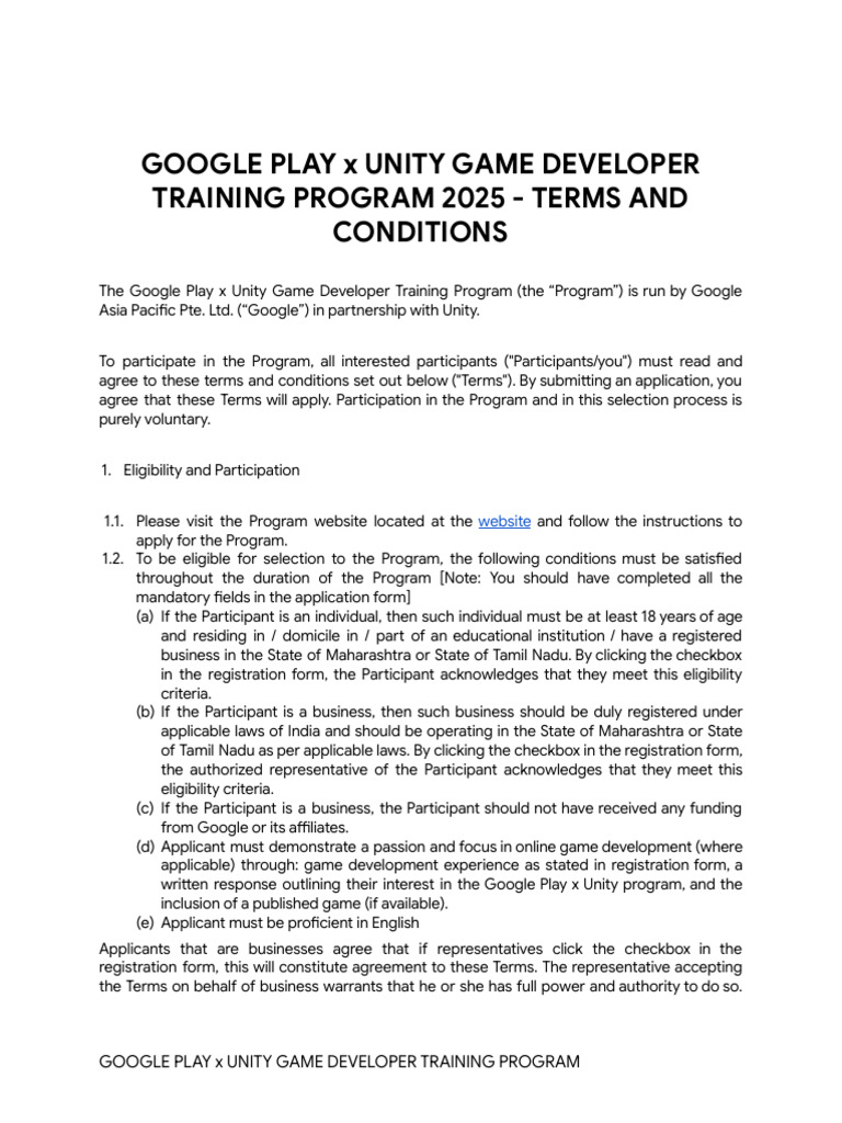 External Tandc Unity Play Program | PDF | Arbitration | Indemnity