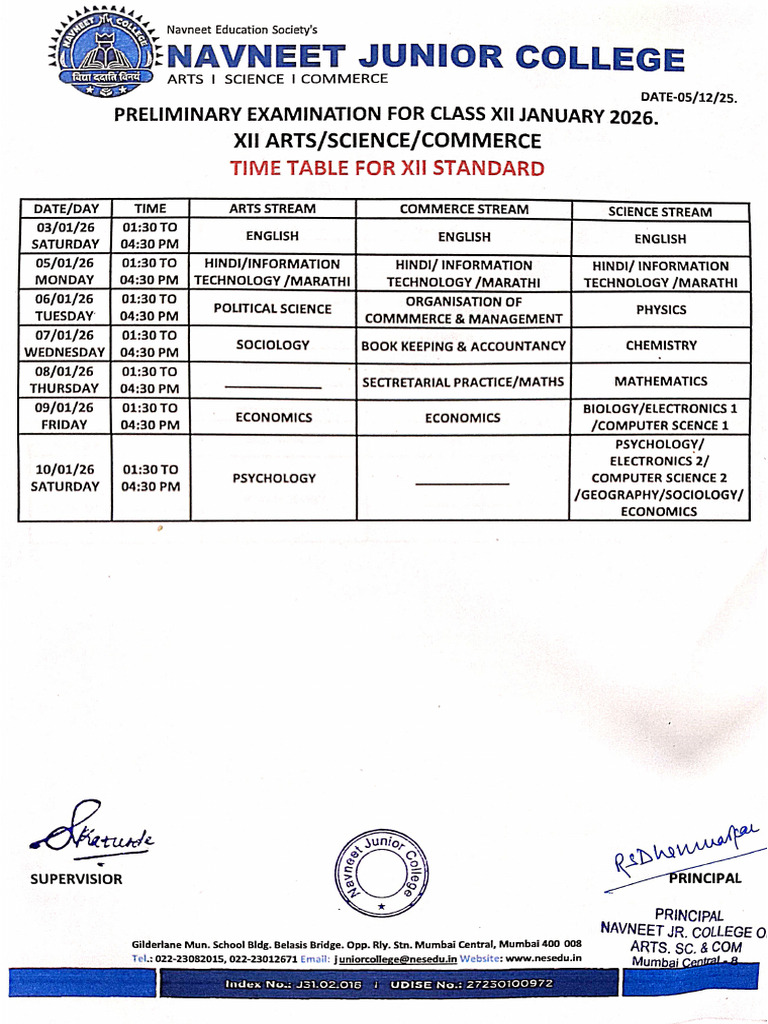 Preliminary Examination Time Table January 26 | PDF