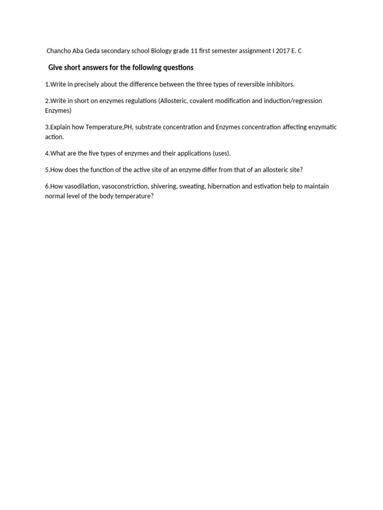 Grade 11 Biology Assignment: Enzymes & Homeostasis | PDF
