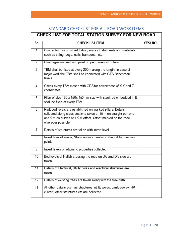 PCMC Road Works Standard Checklist | PDF | Concrete | Road