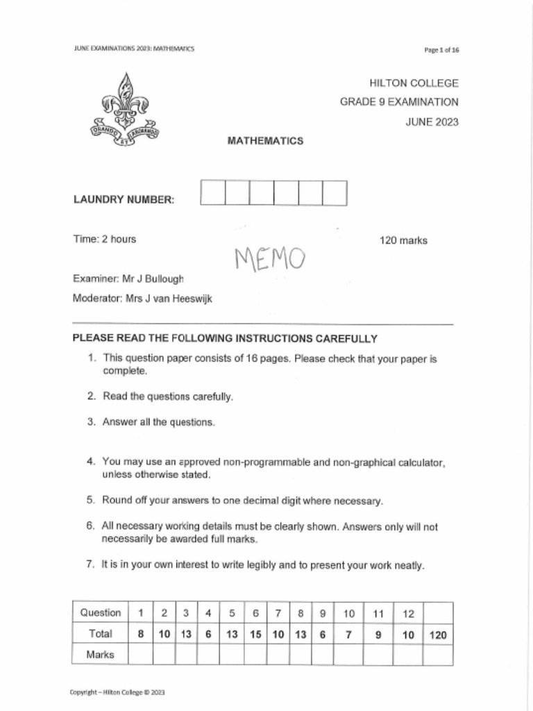 G9 JUNE Examination 2023 Memo | PDF
