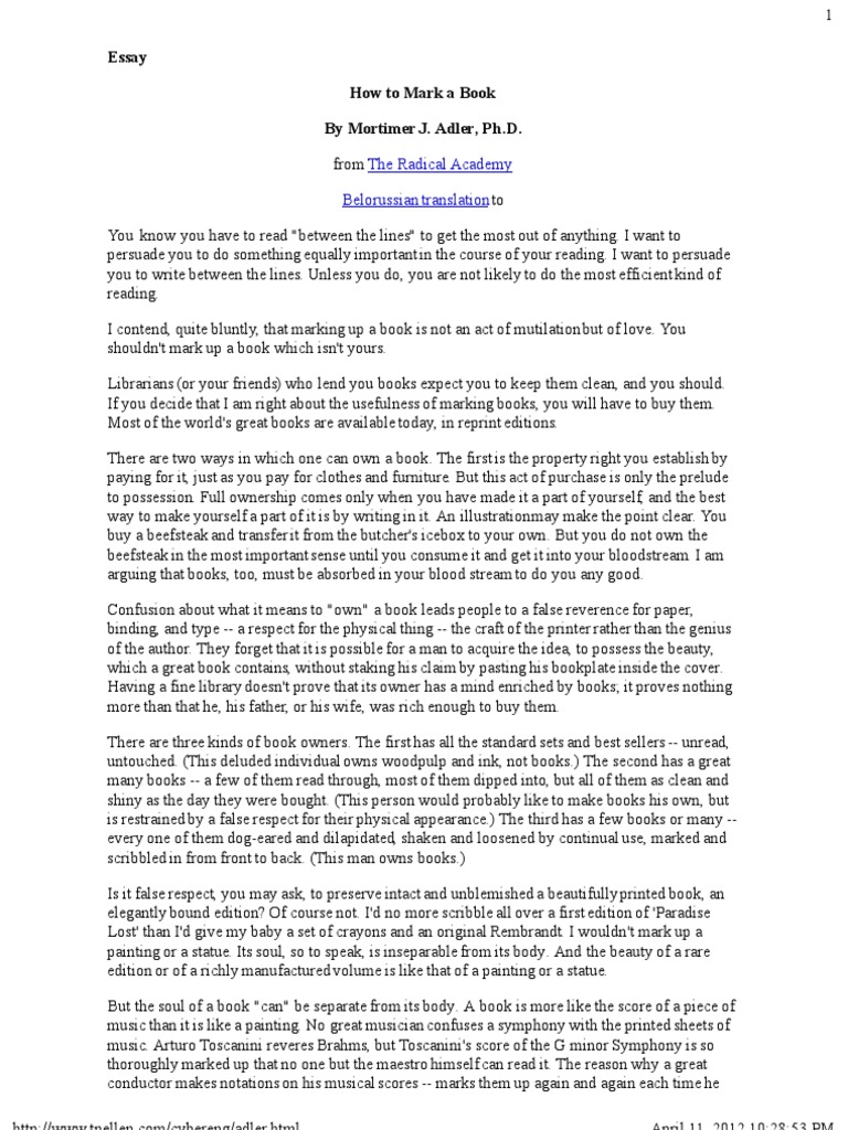 Essay How To Mark A Book by Mortimer J. Adler, PH.D.: The Radical ...
