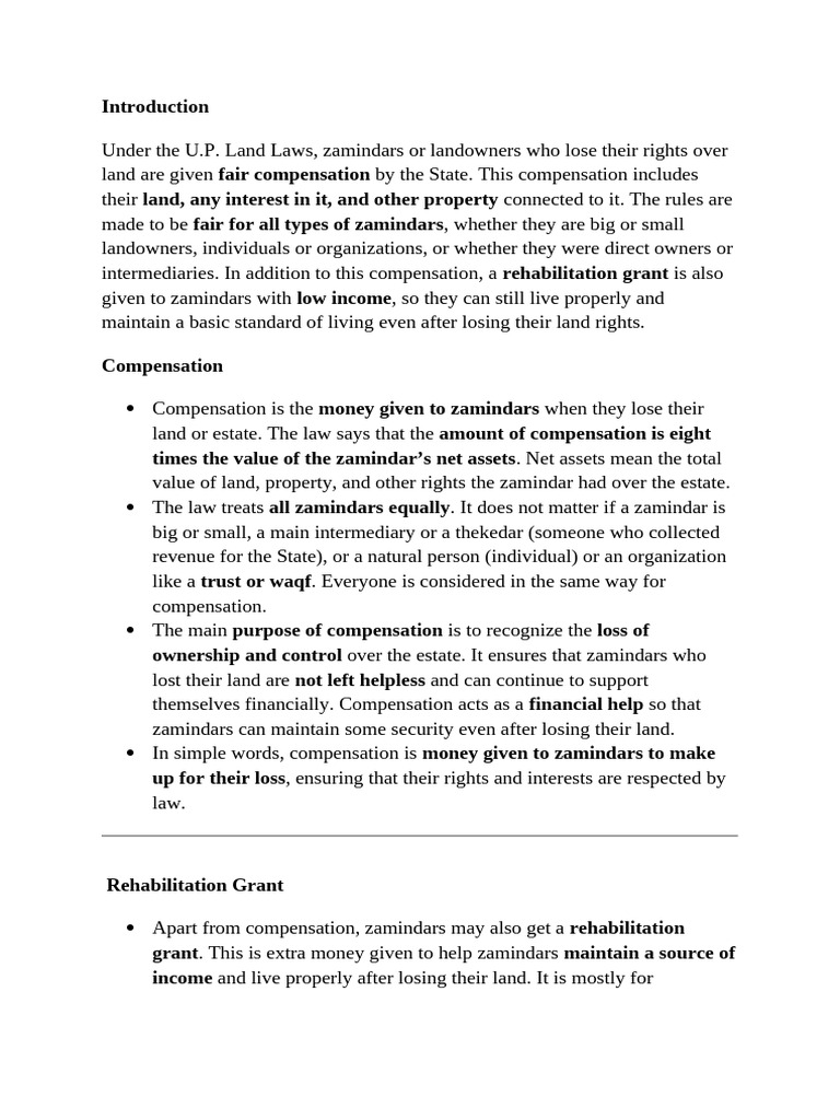 U.P. Land Laws: Zamindar Compensation Guide | PDF | Income | Revenue