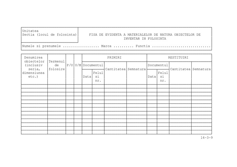 Fisa Evidenta Obiecte Inventar | PDF