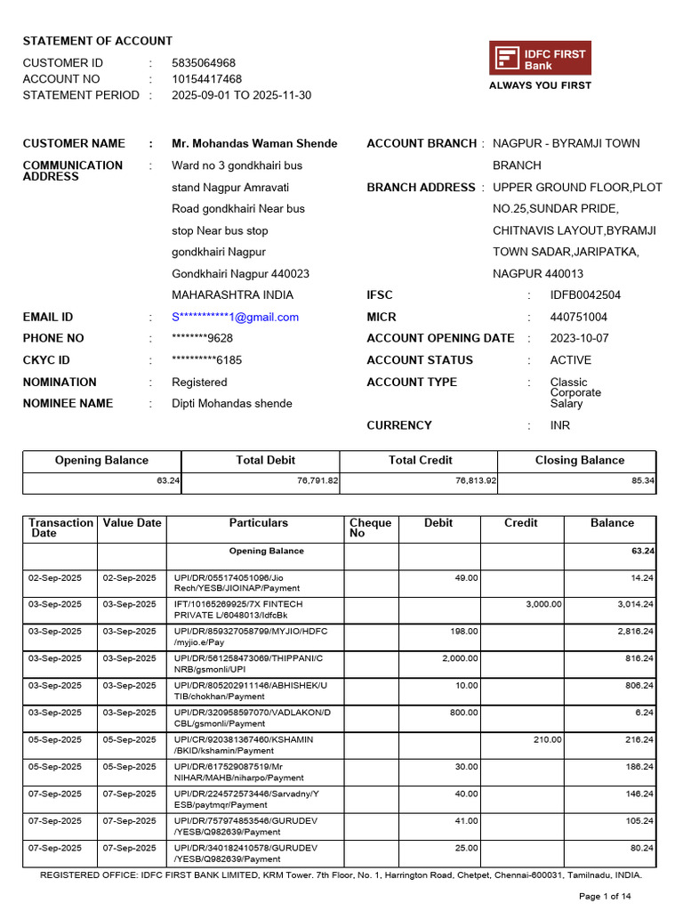 Account Statement for Mohandas Shende | PDF | Debits And Credits | Payments