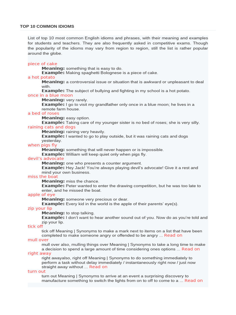 Top 10 Common English Idioms Explained | PDF