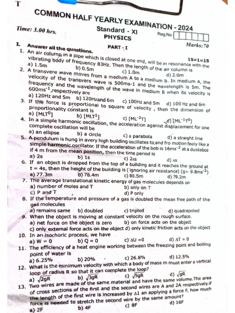 11th Physics Half Yearly Exam 2024 Original Question Paper Thoothukudi District English Medium ...