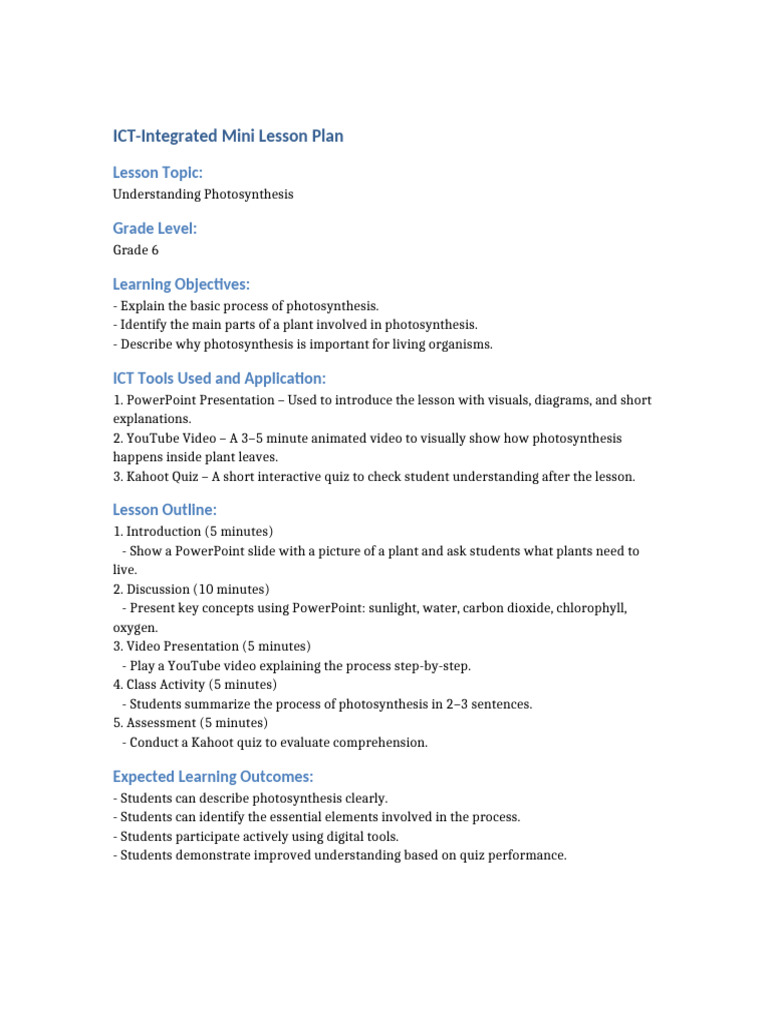 Photosynthesis Mini Lesson Plan for 6th Grade | PDF