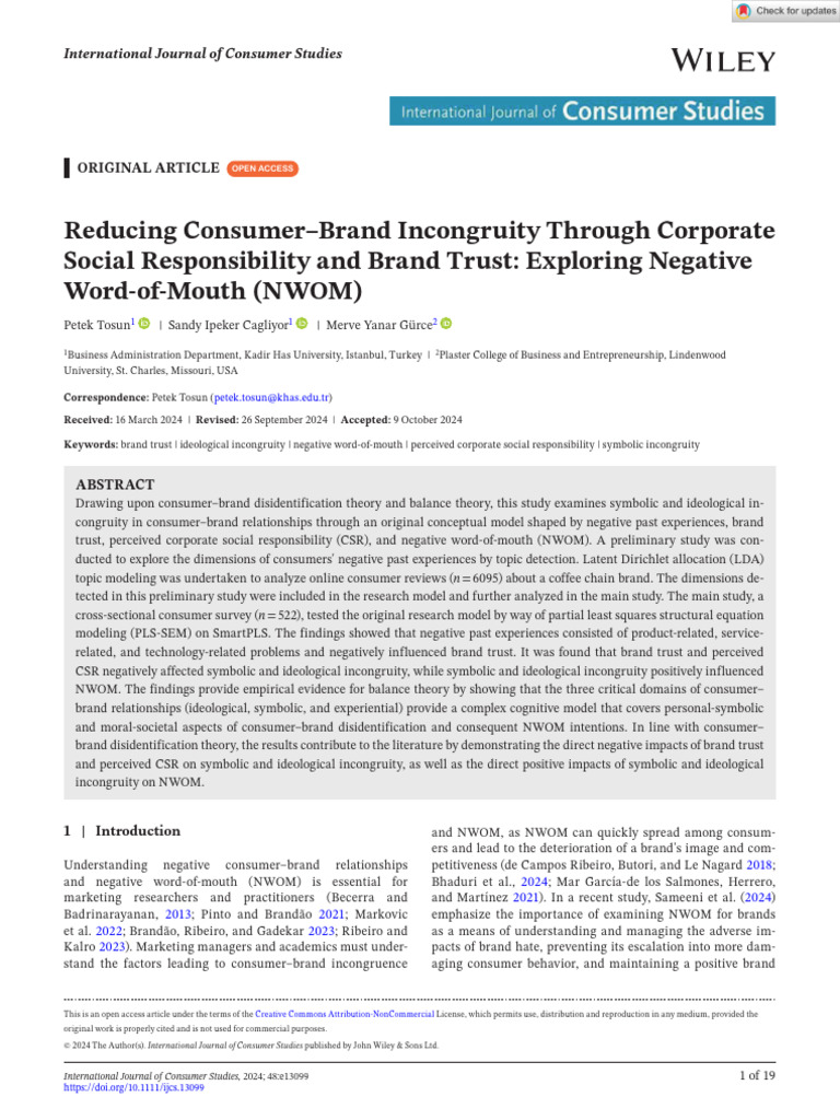 Int J Consumer Studies - 2024 - Tosun - Reducing Consumer Brand ...