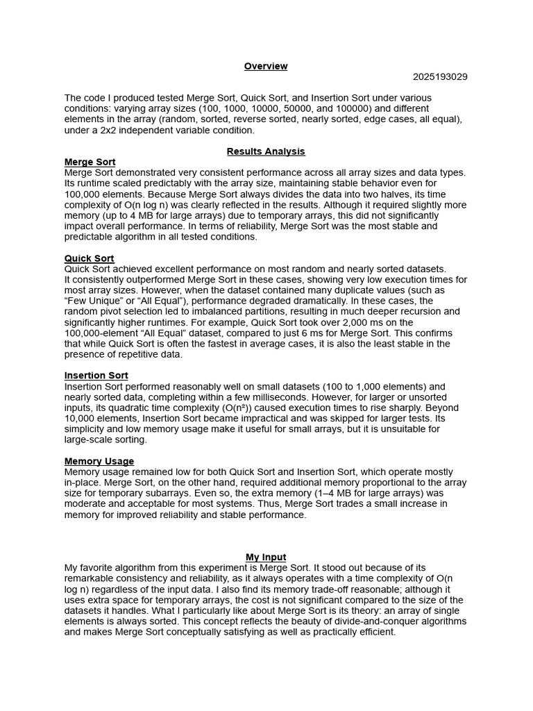 Sorting Algorithm Performance Analysis | PDF | Theoretical Computer ...